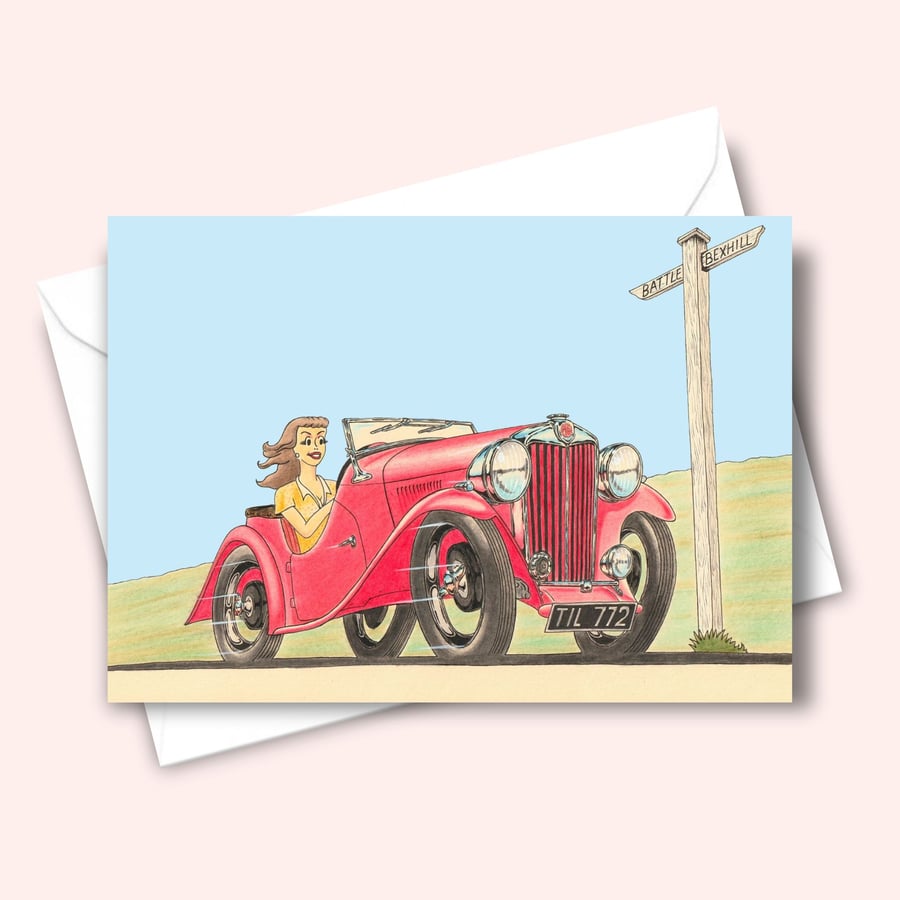 Retro Art Greetings Card, Classic Car Illustrat... - Folksy