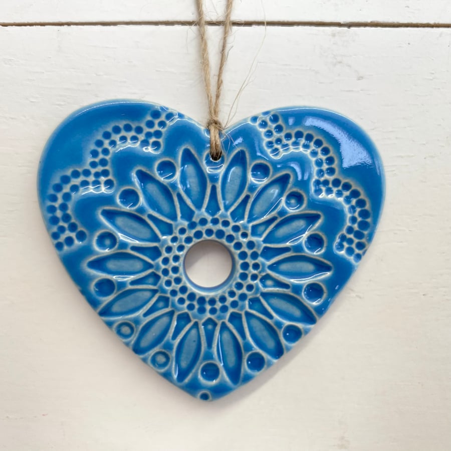 Pottery heart hanging decoration Blue - Folksy
