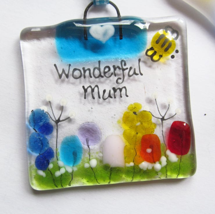 Wonderful Mum MINI Rainbow Fused Glass Suncatcher - Folksy