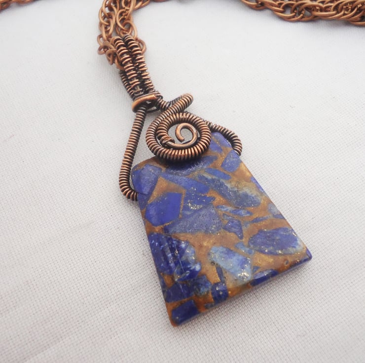 Wire Wrapped Blue Gemstone Pendant, Copper Wire... - Folksy