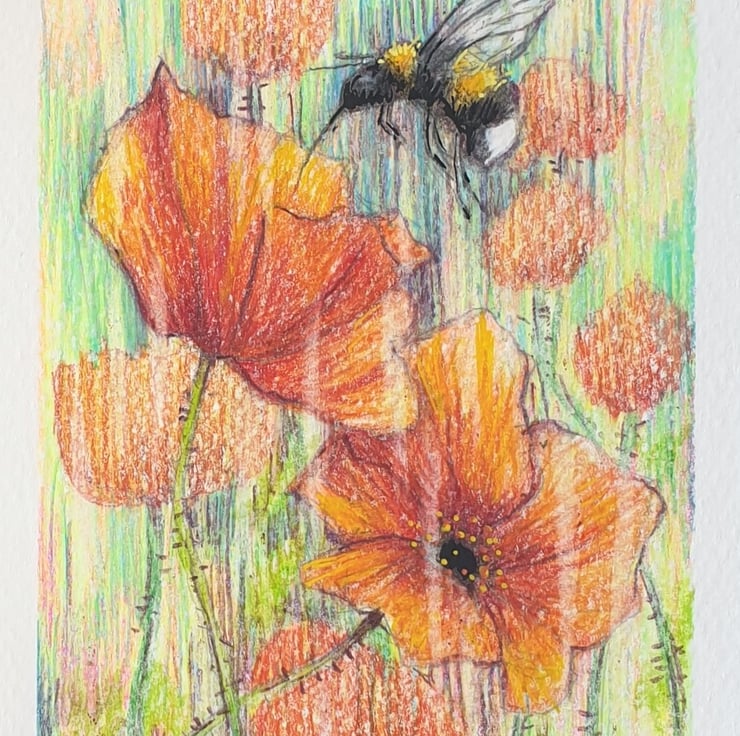 Bee with red poppies, original art, letterbox gift - Folksy
