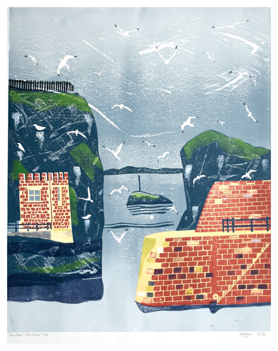 Dunbar Harbour LINO PRINT COAST LANDSCAPE - Folksy