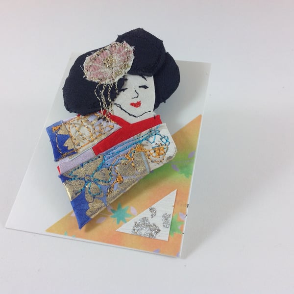 Textile Art Geisha Brooch Shoko - Folksy