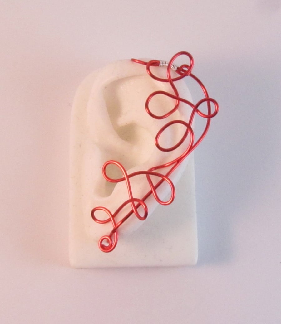 Squiggle Red Wire Ear Cuff, Red Ear Cuff - Folksy