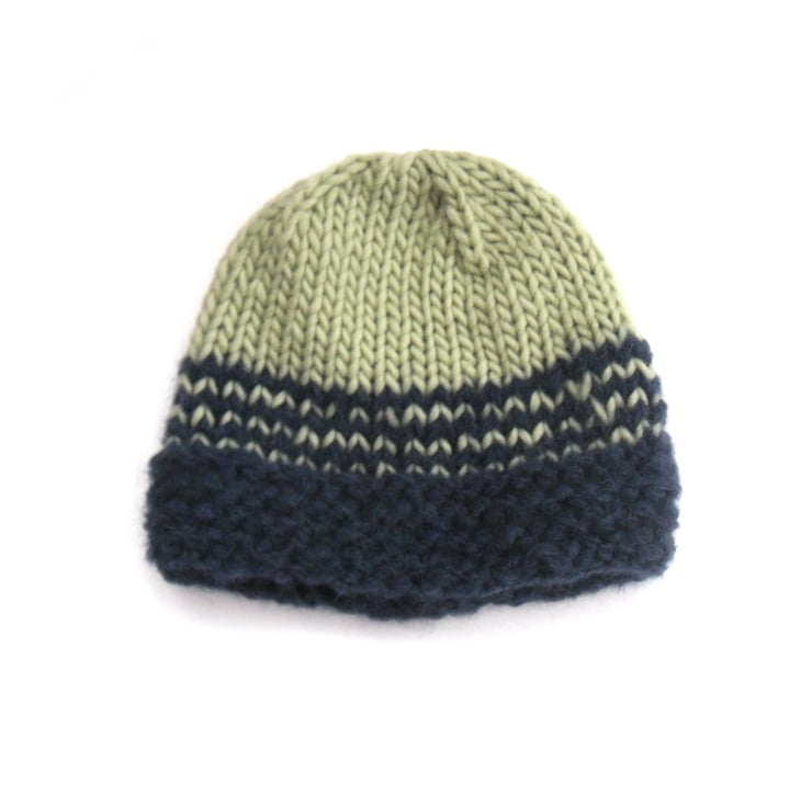 Striped Hat in green and navy blue hand knit in... - Folksy
