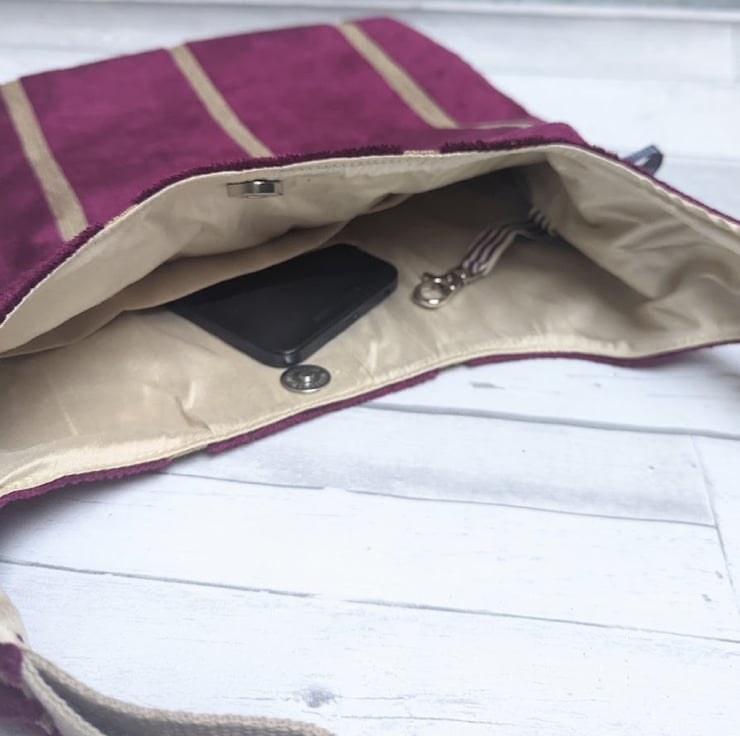 Striped Raspberry Chenille and Silk Lined Hobo Bag - Folksy