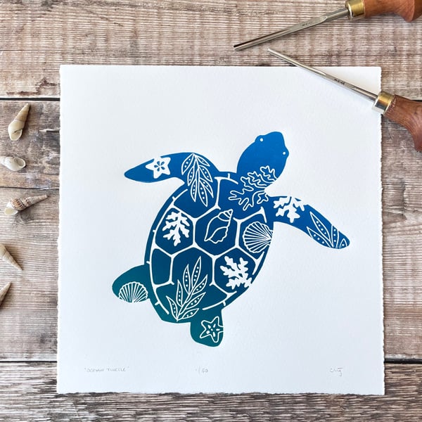 Ocean turtle shell lino print - Folksy