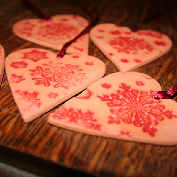 Christmas Handmade ceramic Red heart embossed w... - Folksy
