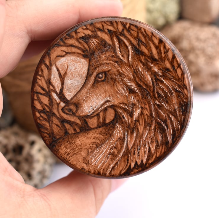 Wooden pyrography wolf in the forest trinket po... - Folksy