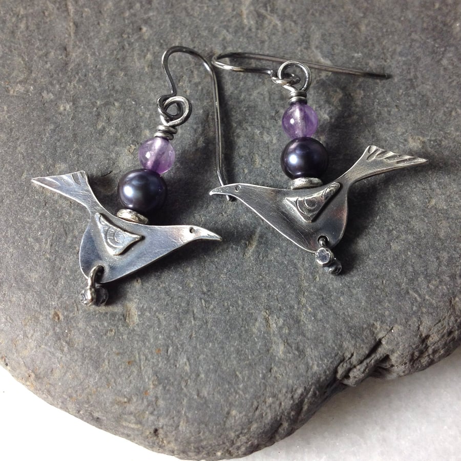 silver blackbird earrings with black pearl and ... - Folksy