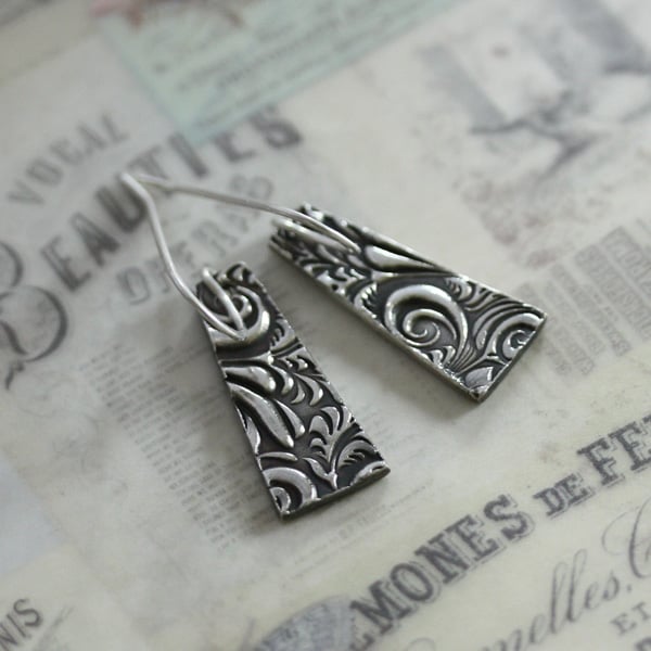 Fine silver long patterned earrings - Folksy