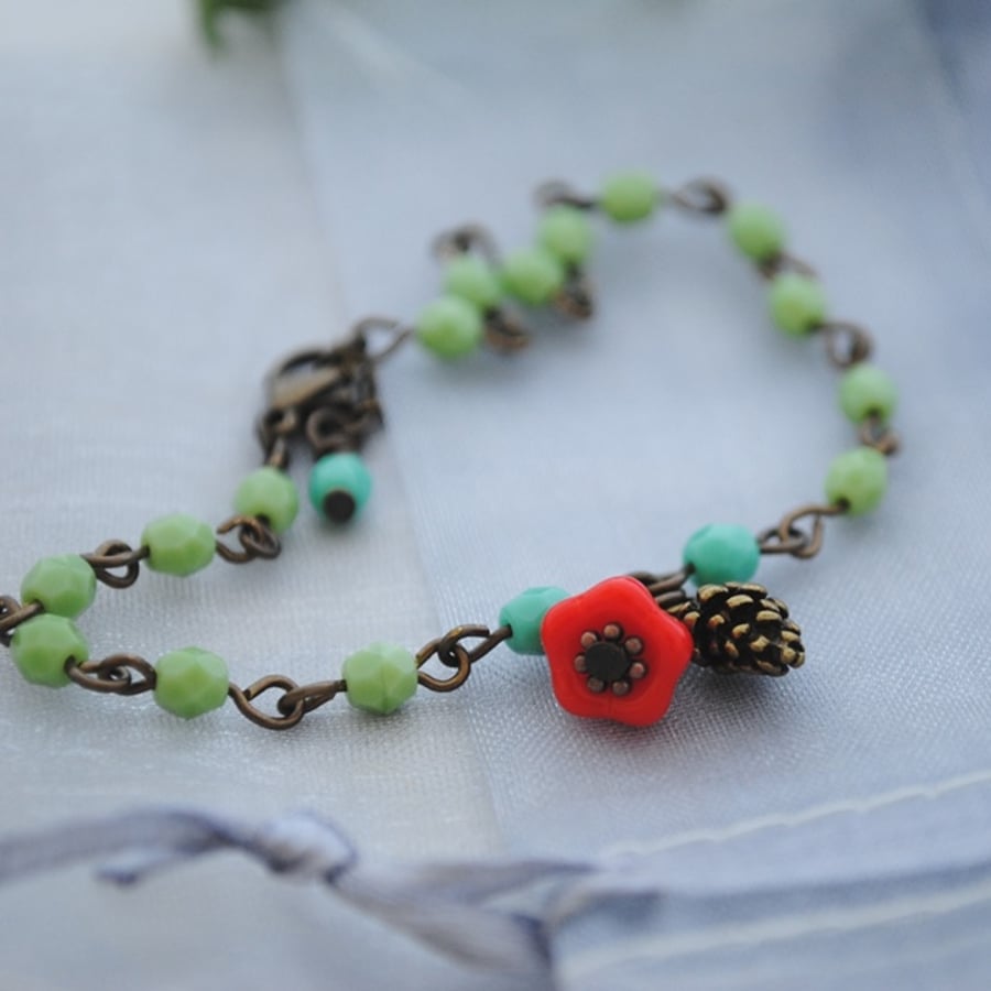 Poppy flower charm bracelet, red, turquoise, green - Folksy