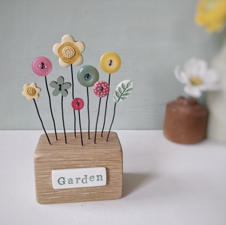 Clay and Button Flower Garden in a Wood Block '... - Folksy