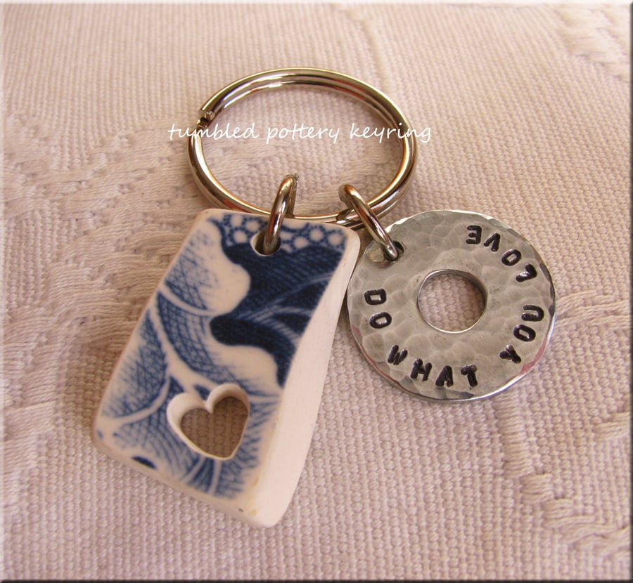 Tumbled pottery shard drilled heart, keyring - Folksy