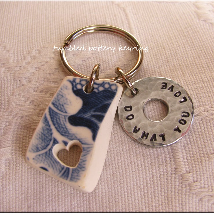 Tumbled pottery shard drilled heart, keyring - Folksy