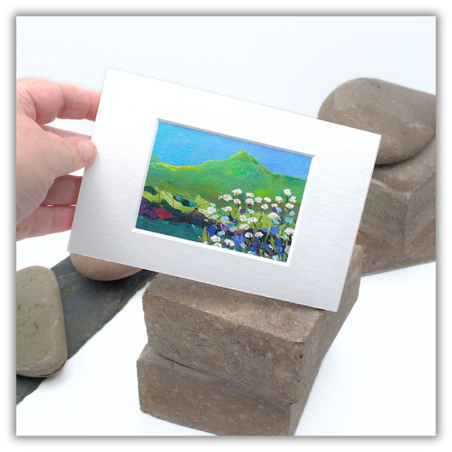 A small mounted painting - landscape - blue sky... - Folksy