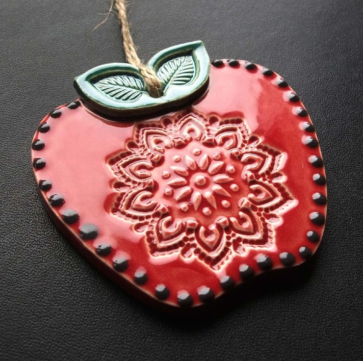 ceramic Folk art style red apple decoration - Folksy