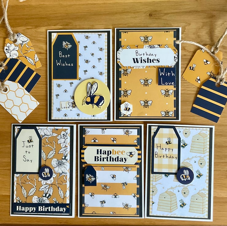 Cards. Set of five bee themed birthday cards an... - Folksy
