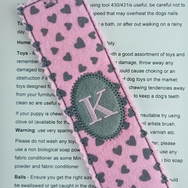 Personalised bookmark Letter K embroidered on a... - Folksy