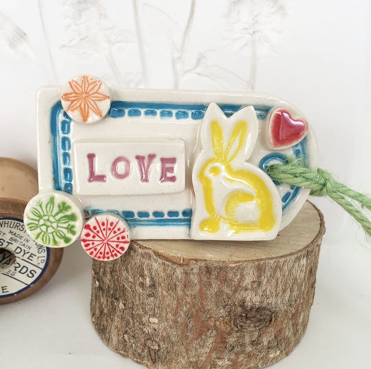 Ceramic gift tag decoration with rabbit and flo... - Folksy