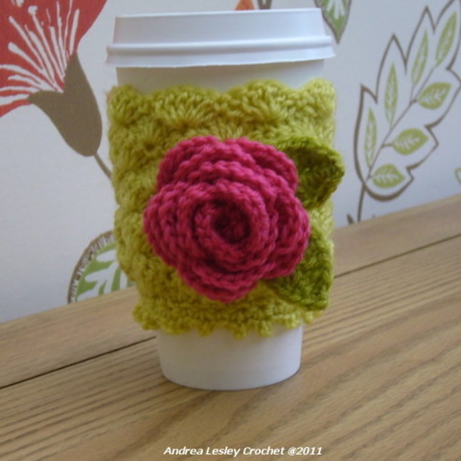Coffee Cup Crochet Cosy/Red with Rose (Made to ... - Folksy