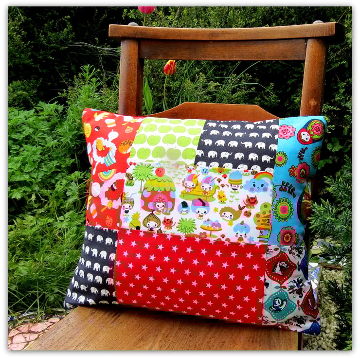 Vibrant patchwork cushion, complete with inner ... - Folksy