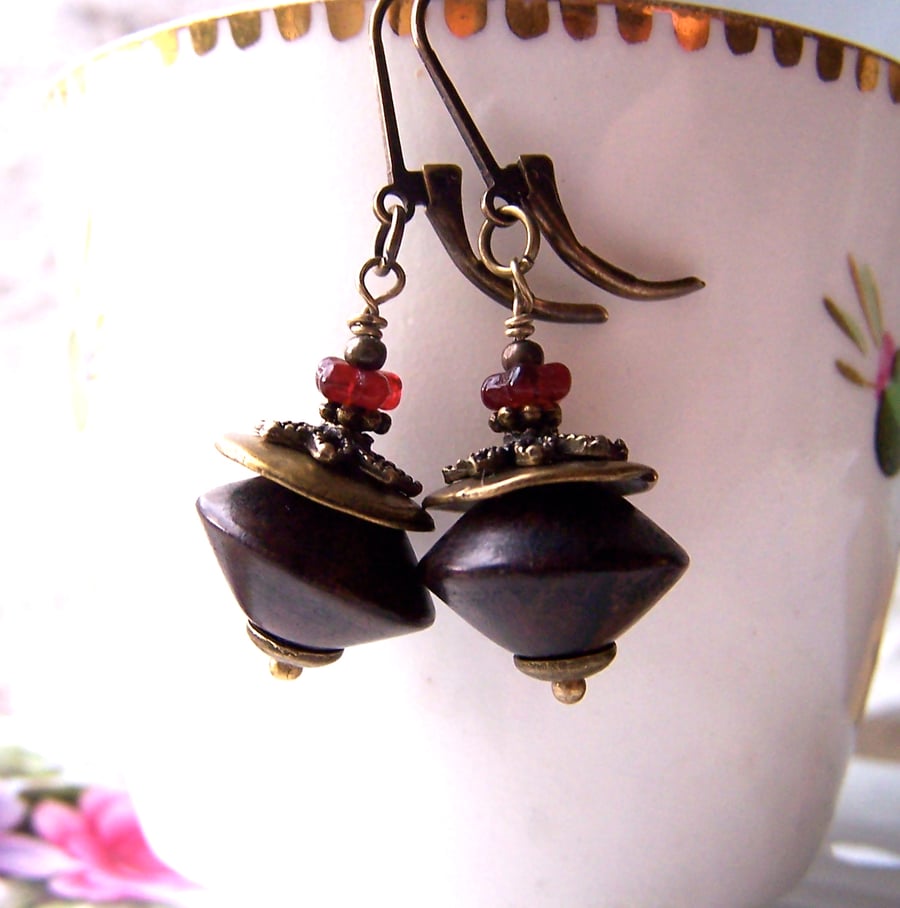 Wood bead earrings, Rustic earrings, Dark brown... - Folksy