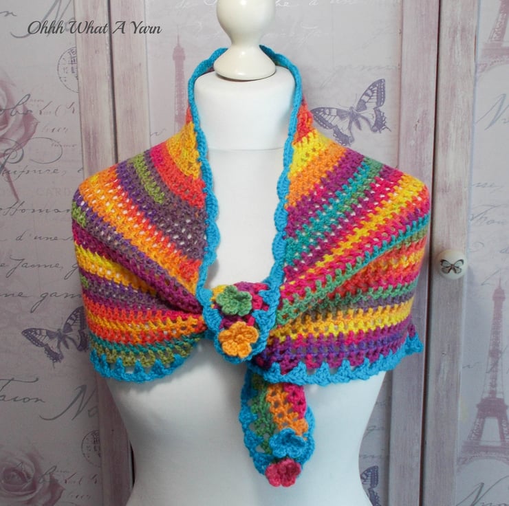 Bright rainbow crochet shawl, scarf, shawlette,... - Folksy