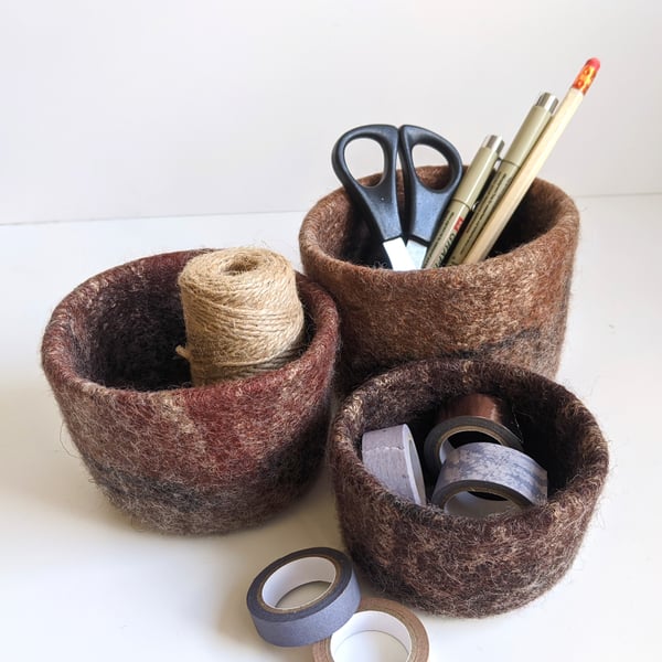 Trio of nesting wool felt pots - autumnals - Folksy
