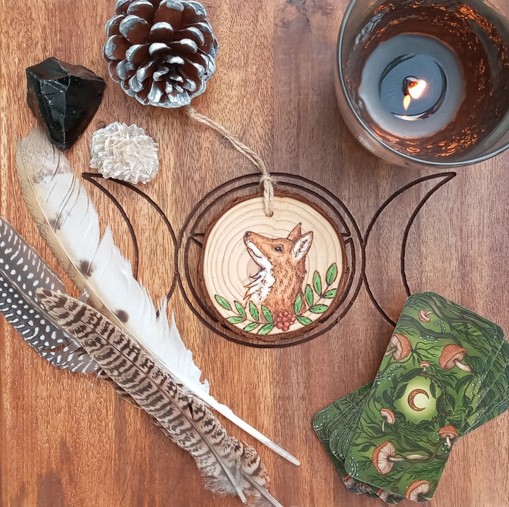Fox and Rowan pyrography log slice talisman - Folksy