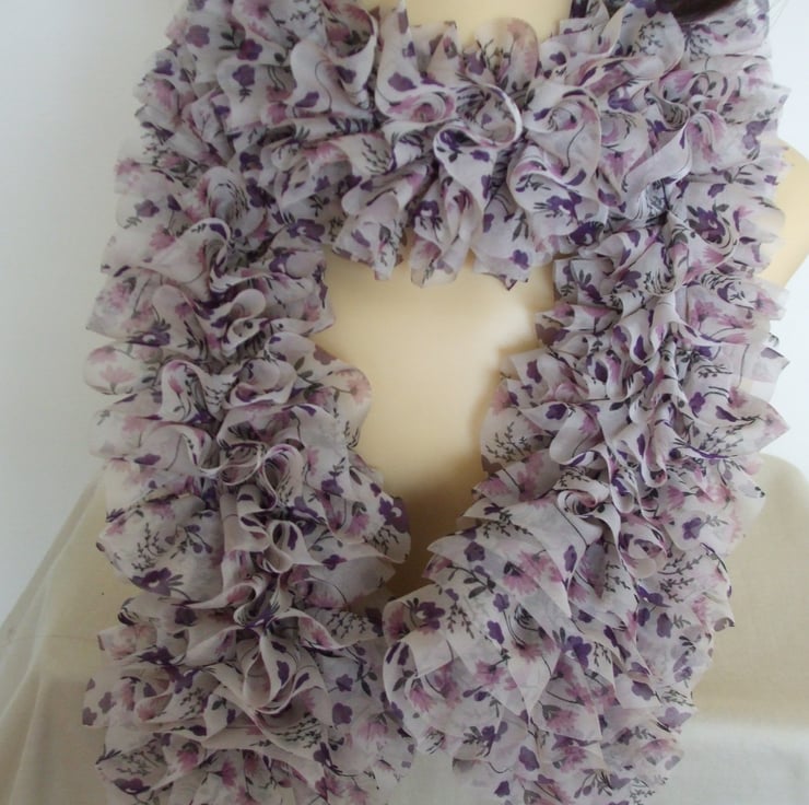 Knitted Frilly Ribbon Scarf in Cream with Purpl... - Folksy