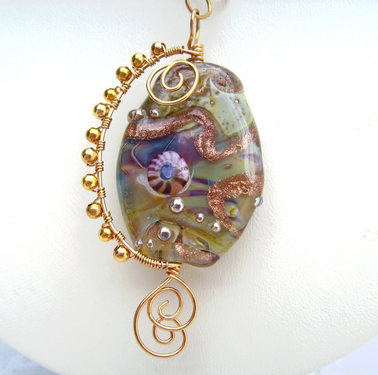 Ocean Gold Wire Work Lampwork Pendant - Folksy