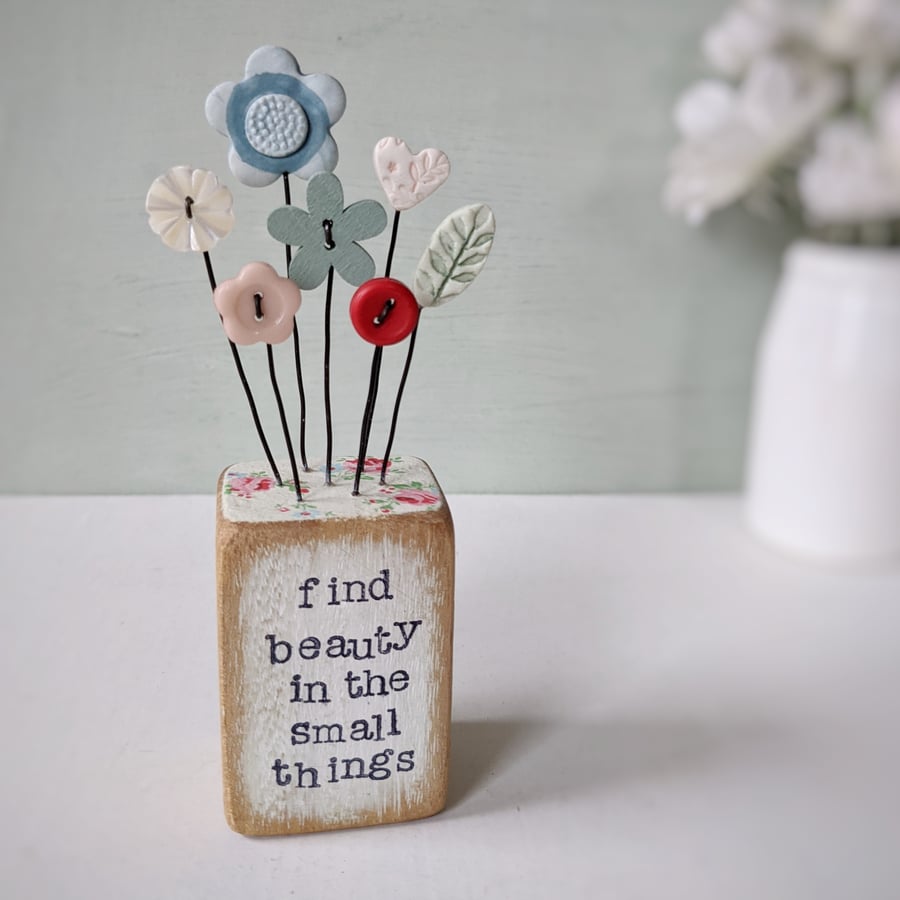 Clay Flower and Button Garden in a Wood Block '... - Folksy