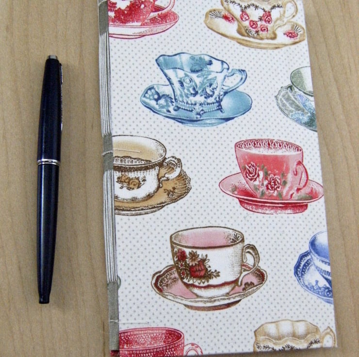 Cup of Tea Notebook, hand bound fabric covered ... - Folksy
