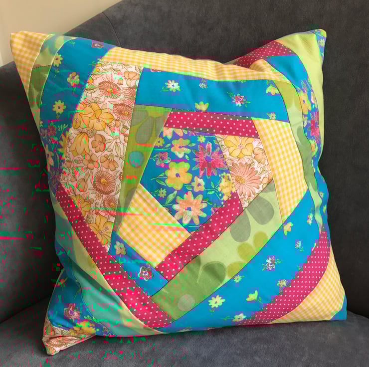 Crazy patchwork cushion in bright, sunny colours - Folksy
