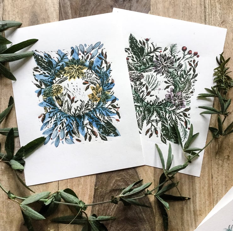 Linocut and watercolour floral wreath - Folksy