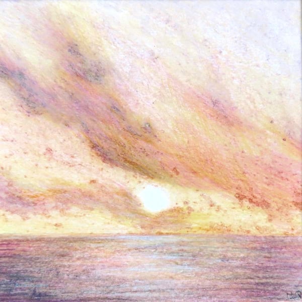 Original mixed media sunset over the sea mounte... - Folksy