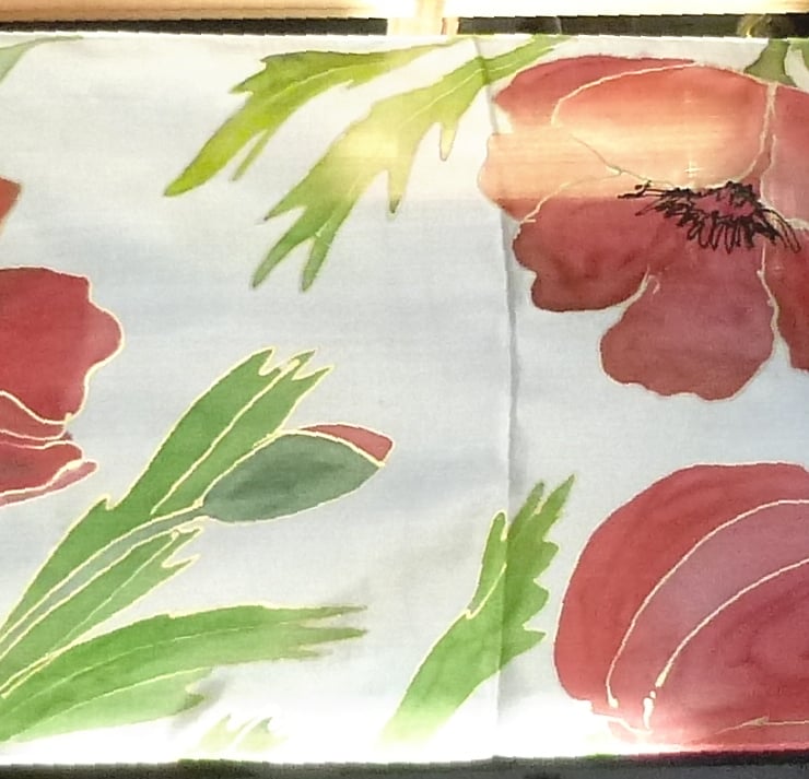 Red Poppy hand painted silk scarf size 25 x 150cm - Folksy