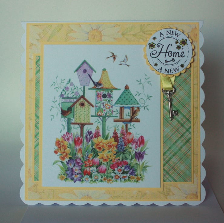 Cottage garden bird houses new home card - Folksy