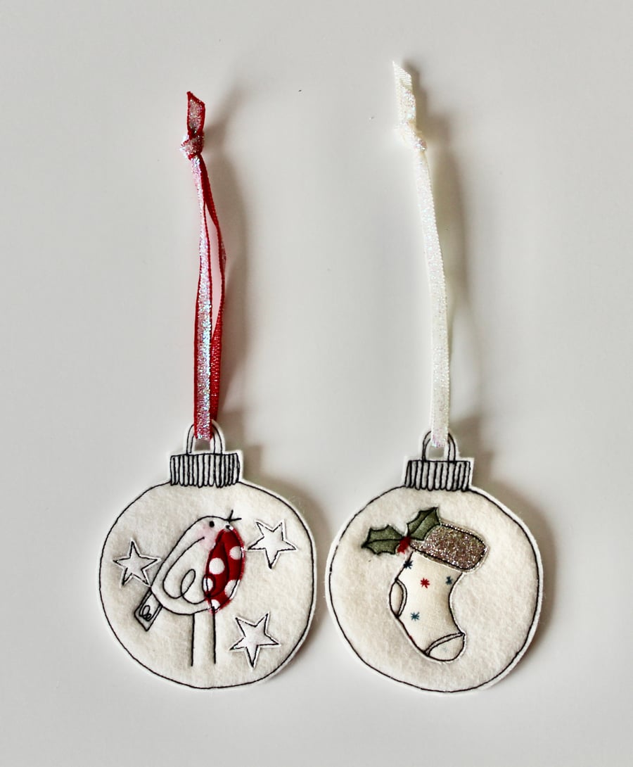 'Two Christmas Baubles 2' - Hanging Decorations - Folksy