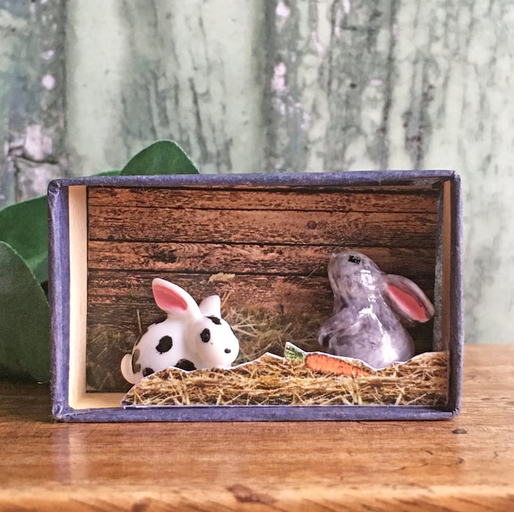 Matchbox art. Diorama - Rabbits in hutch - Folksy