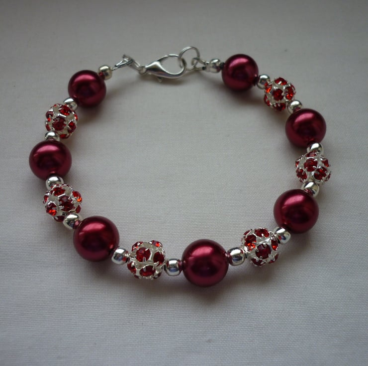 CHERRY RED AND SILVER RHINESTONE BRACELET. 633 - Folksy