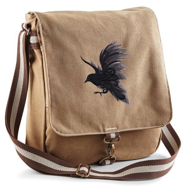 Painted Raven Embroidered Canvas Field Bag - Folksy