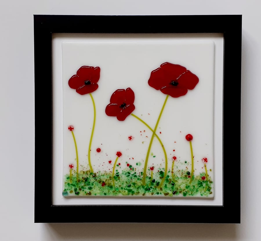 Fused glass art poppy picture in frame - Folksy