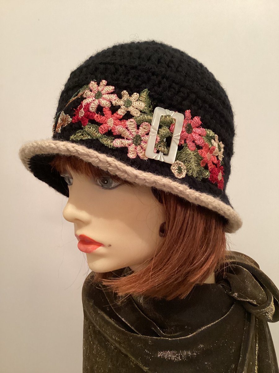 Black Embroidered Flowers Cloche - Folksy