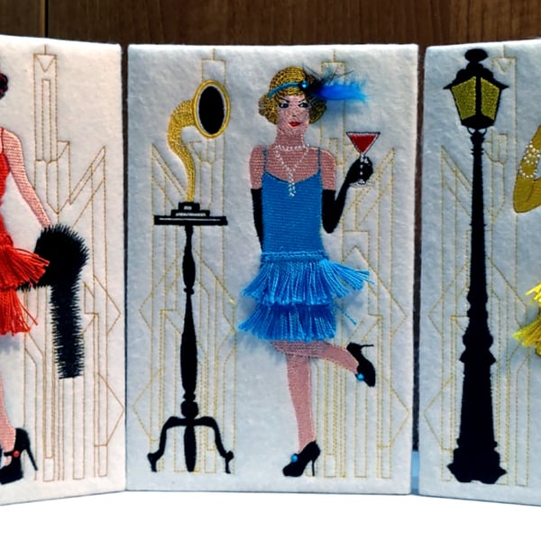 Flapper Girl embroidered Card - with yellow, re... - Folksy