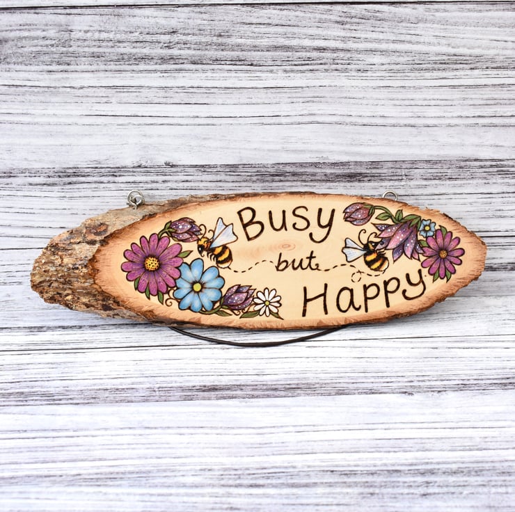 Pyrography Busy but Happy hanging plaque. Origi... - Folksy