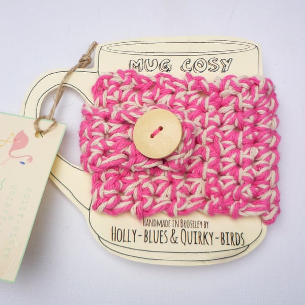 Handmade Mug Cosy in Pink and Cream Cotton Yarn... - Folksy
