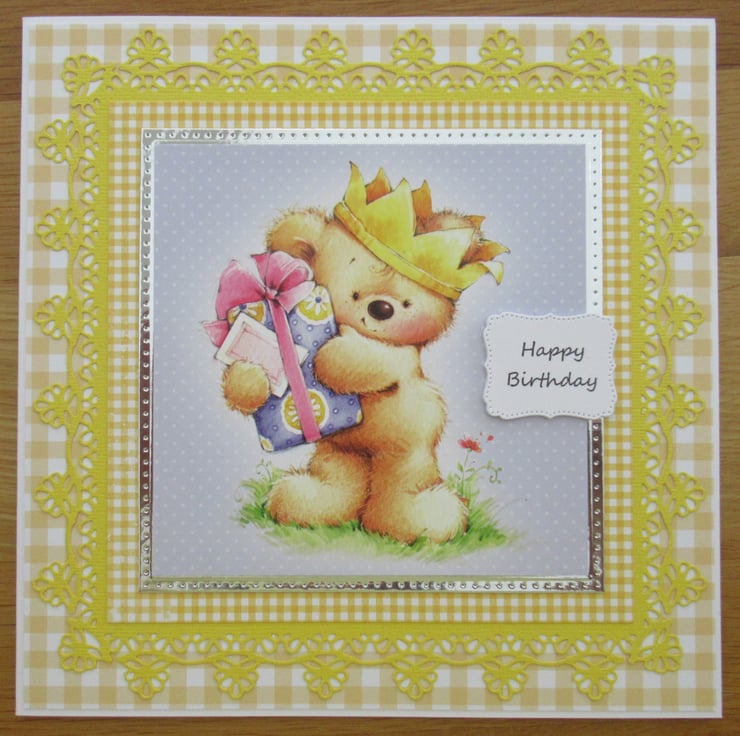 Bear With Present - 8x8" Birthday Card - Folksy