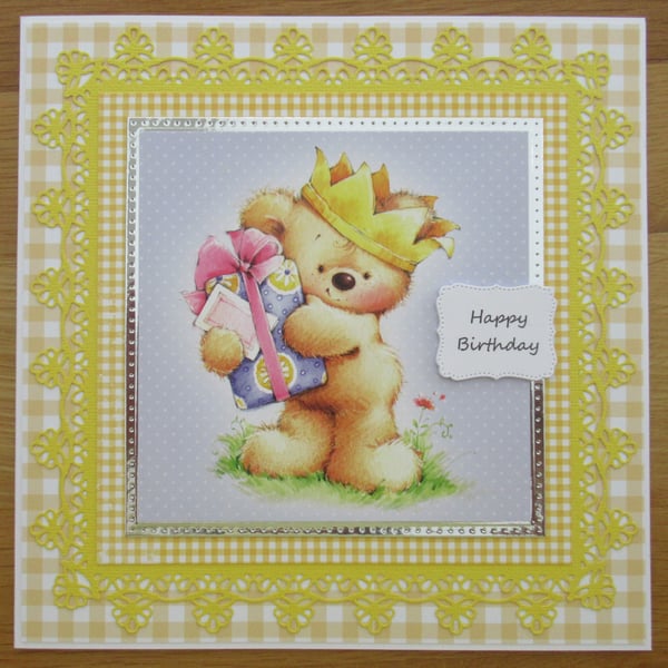 Bear With Present - 8x8" Birthday Card - Folksy